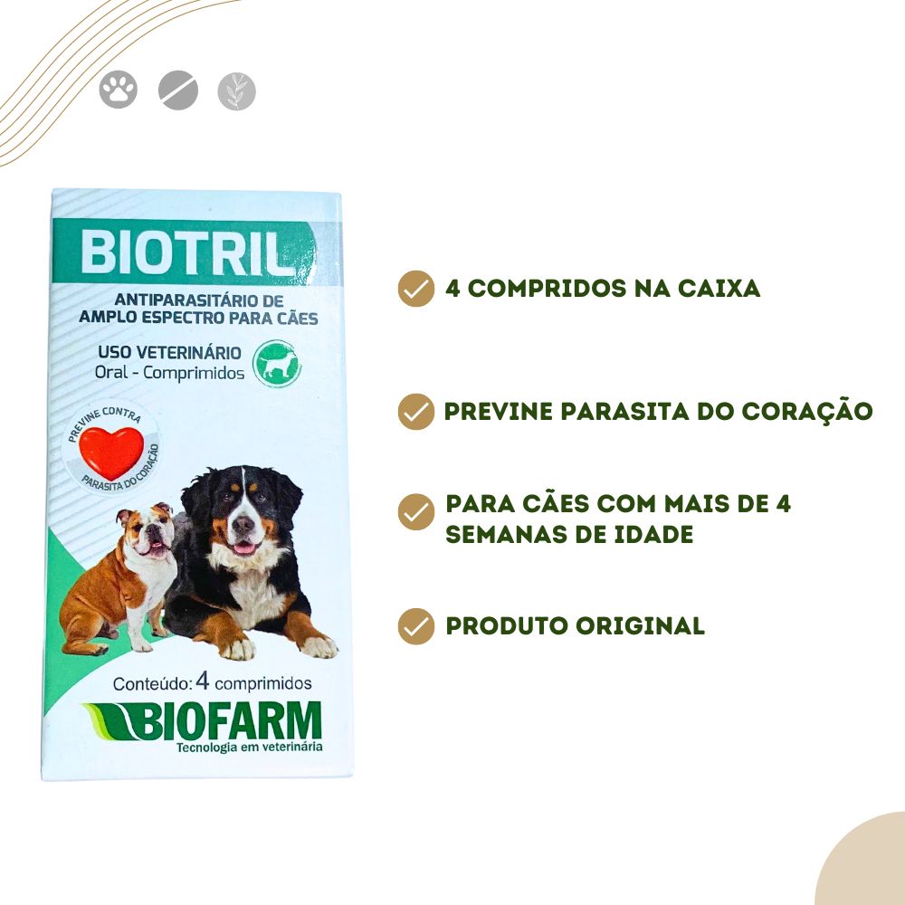 Vermífugo p/ Cães Biotril - Biofarma - 4cp - Mata vermes - Sens Agropet ...