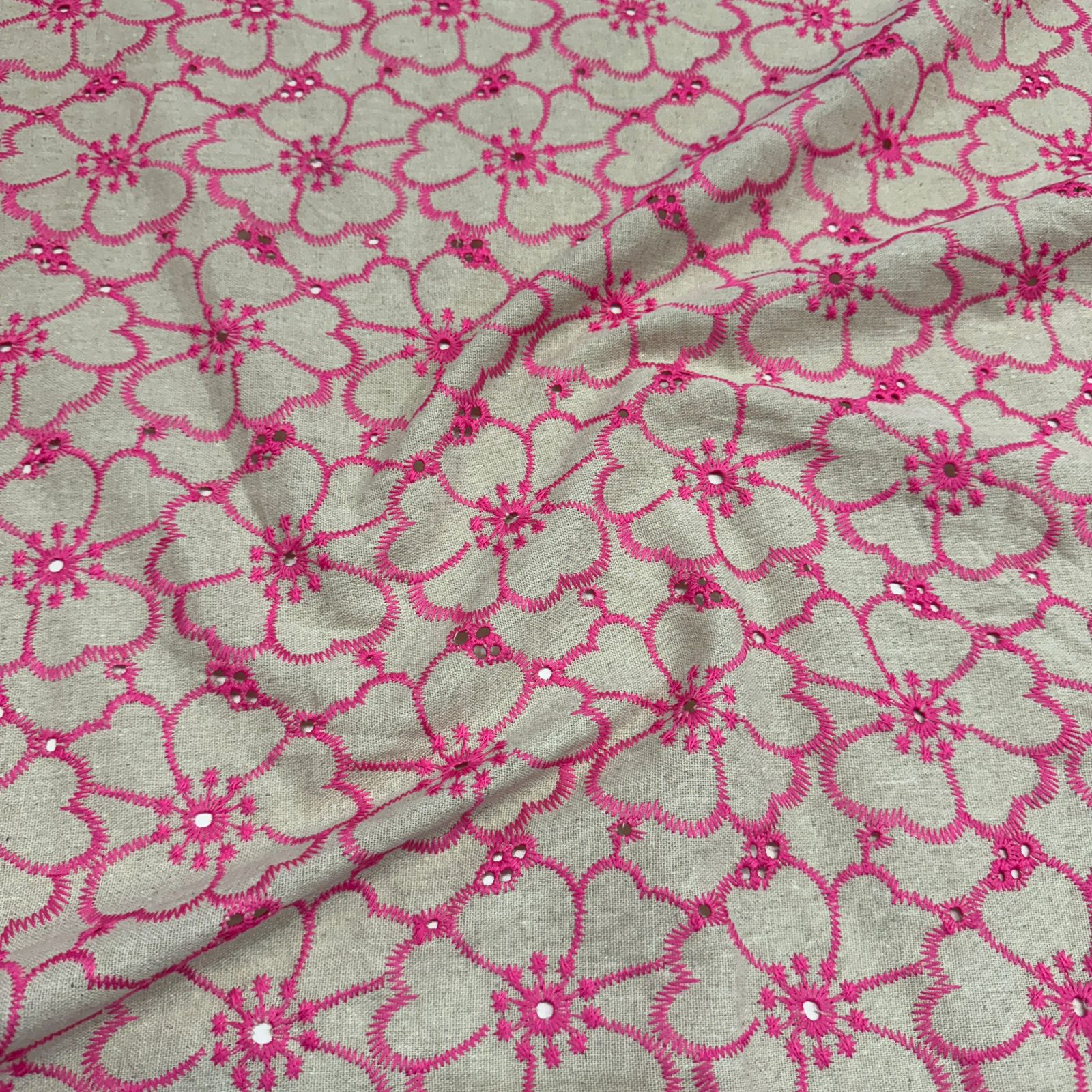Tecido Linho Natural Bordado Natural Flores Rosa 1,30m Para Vestidos ...