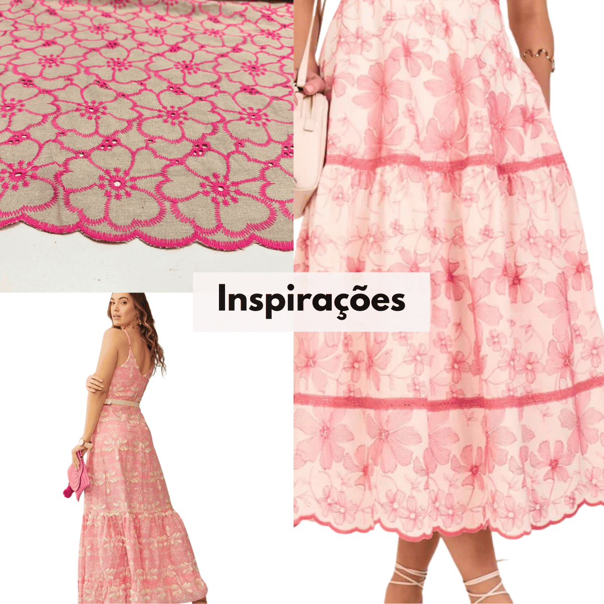 Tecido Linho Natural Bordado Natural Flores Rosa 1,30m Para Vestidos ...