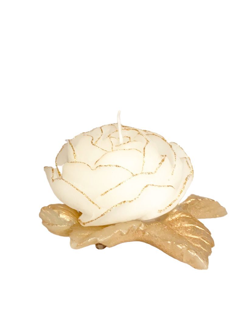 Vela em formato de rosa com folha e filete de ouro - Raffaello ...
