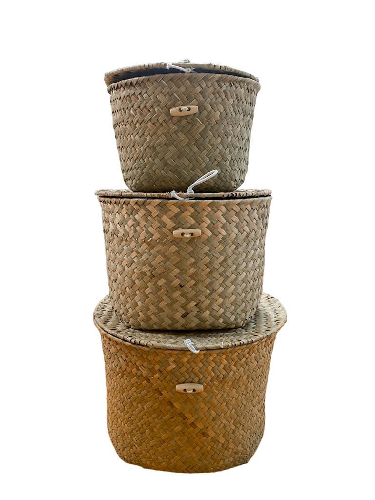 TRIO DE CESTOS REDONDOS COM TAMPA DE PALHA NATURAL - Raffaello ...