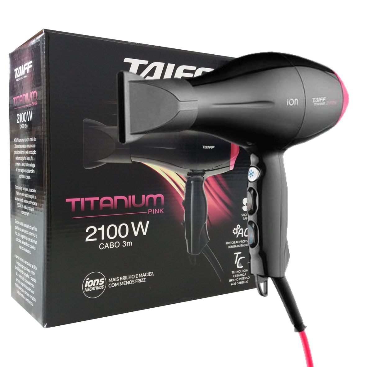 KIT 127V - SECADOR TAIFF TITANIUM COLORS PINK 2100W + PRANCHA GAMA ...