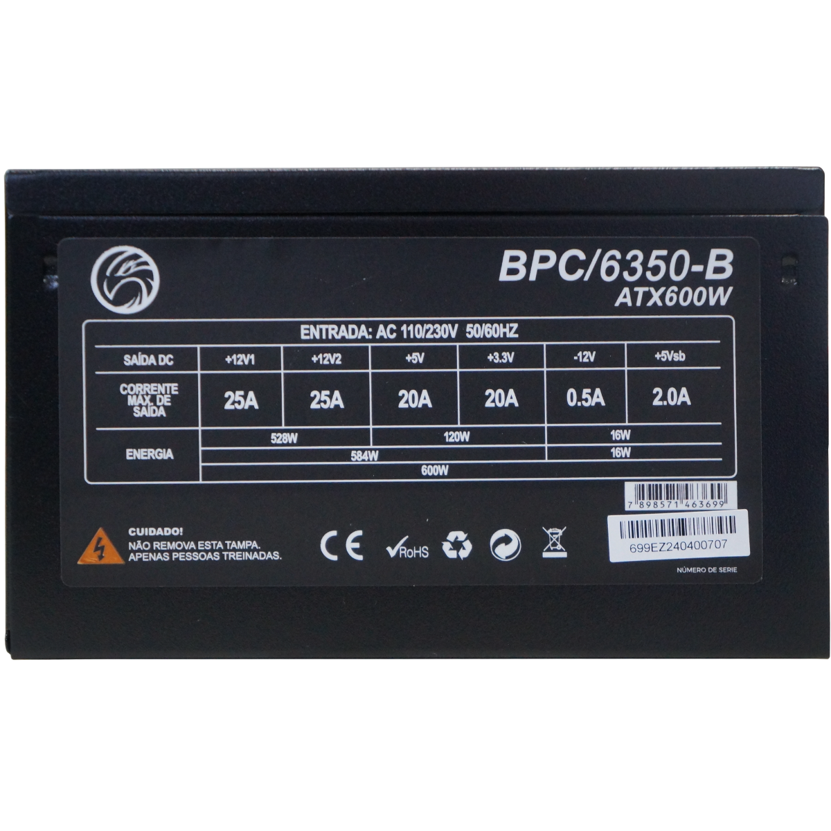 FONTE ATX 600W BRAZILPC BPC/6350-SMT 24 PINOS - Brazil PC