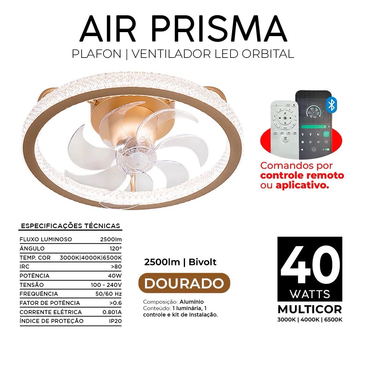 Lustre Ventilador Prisma LED Multicor Bluetooth Controle Remoto Bivolt ...