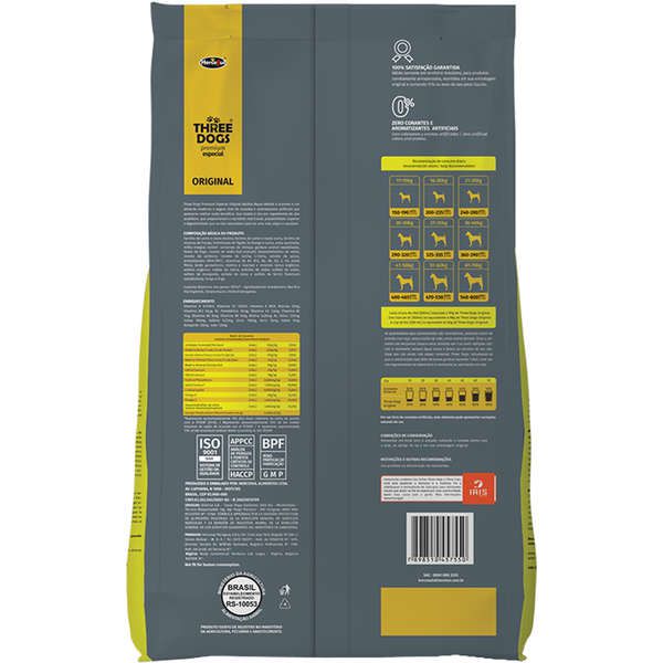 Ração Three Dogs Original Frango, Carne e Arroz para Cães Adultos Raça ...