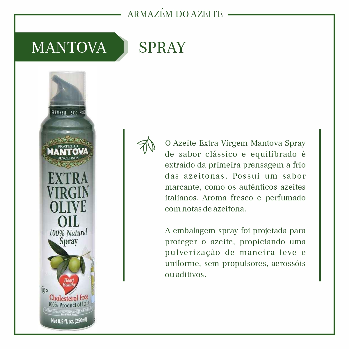 Azeite Extra Virgem Italiano Spray Mantova 200ml - Armazém do Azeite ...