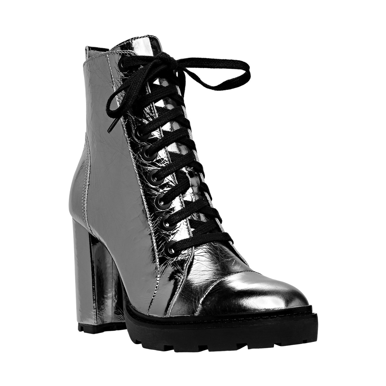 Carrano - Bota Coturno Salto Bloco Couro Crack Silver - Seu Sapato