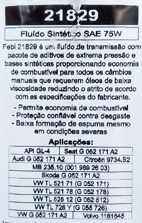 FEBI 21829 - ÓLEO PARA CÂMBIO SAE 75W - API GL4 - ( AMARELO ) - 1 LITRO ...