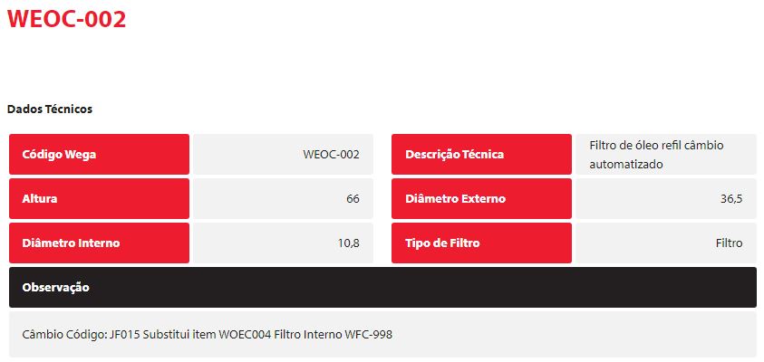 WEOC002 - FILTRO WEGA PARA CÂMBIO AUTOMÁTICO - All Shine