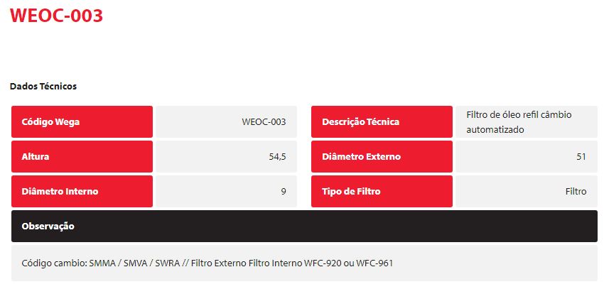 WEOC003 - FILTRO WEGA PARA CÂMBIO AUTOMÁTICO - All Shine