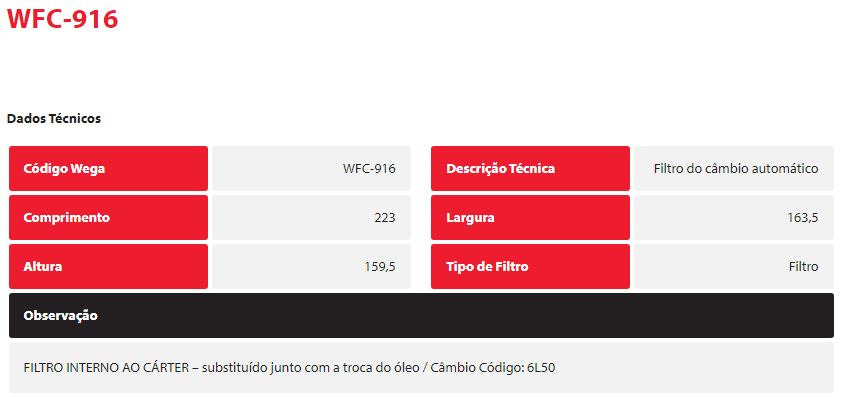 WFC916 - FILTRO WEGA PARA CÂMBIO AUTOMÁTICO - All Shine