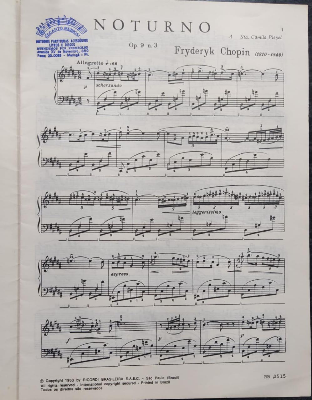 NOTURNO OPUS 9 N° 3 - partitura para piano - Chopin - Recanto Musical