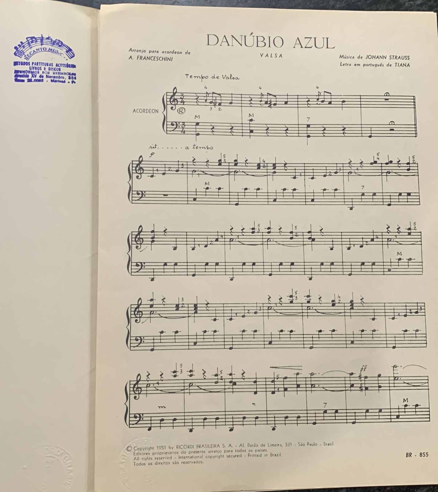 DANÚBIO AZUL - partitura para acordeon - J. Strauss - Recanto Musical