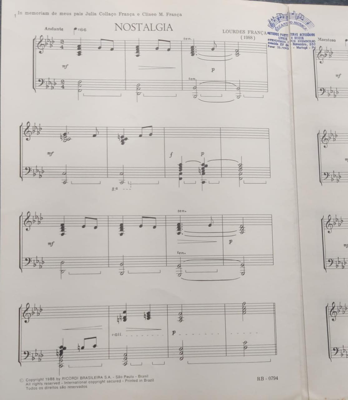 NOSTALGIA - partitura para piano - Lourdes França - Recanto Musical