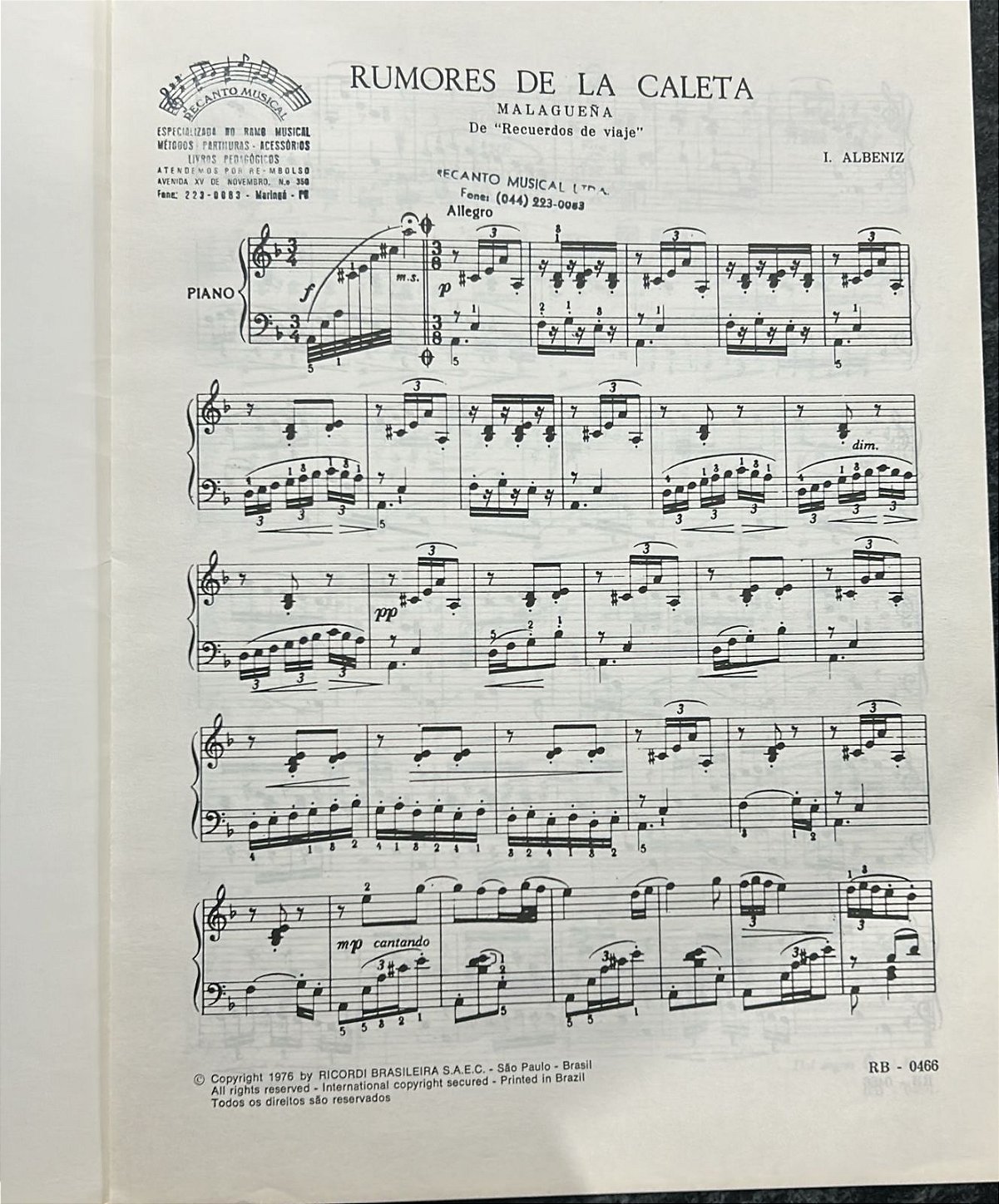 RUMORES DE LA CALETA - partitura para piano - Albeniz - Recanto Musical