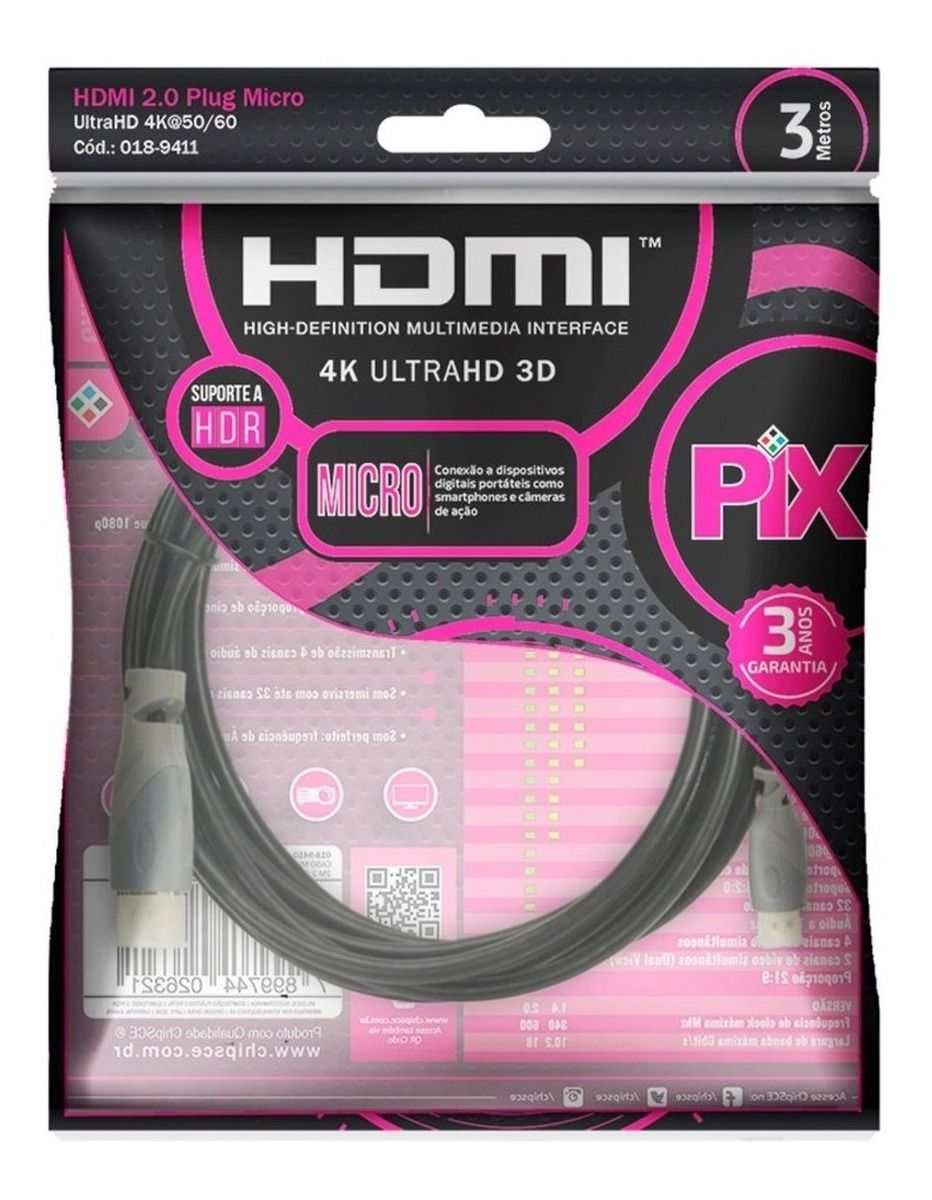 Cabo Micro Hdmi X Hdmi 3 Metros Blindado 2.0 Ethernet 3m 4k - Armazém ...