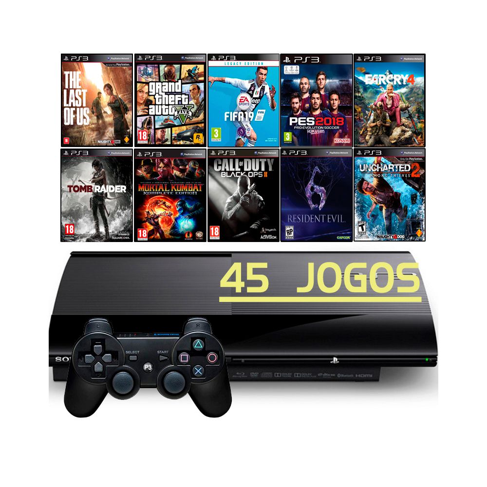 Console Playstation 3 Super Slim 250GB com 45 Jogos Sony Loja Sport Games