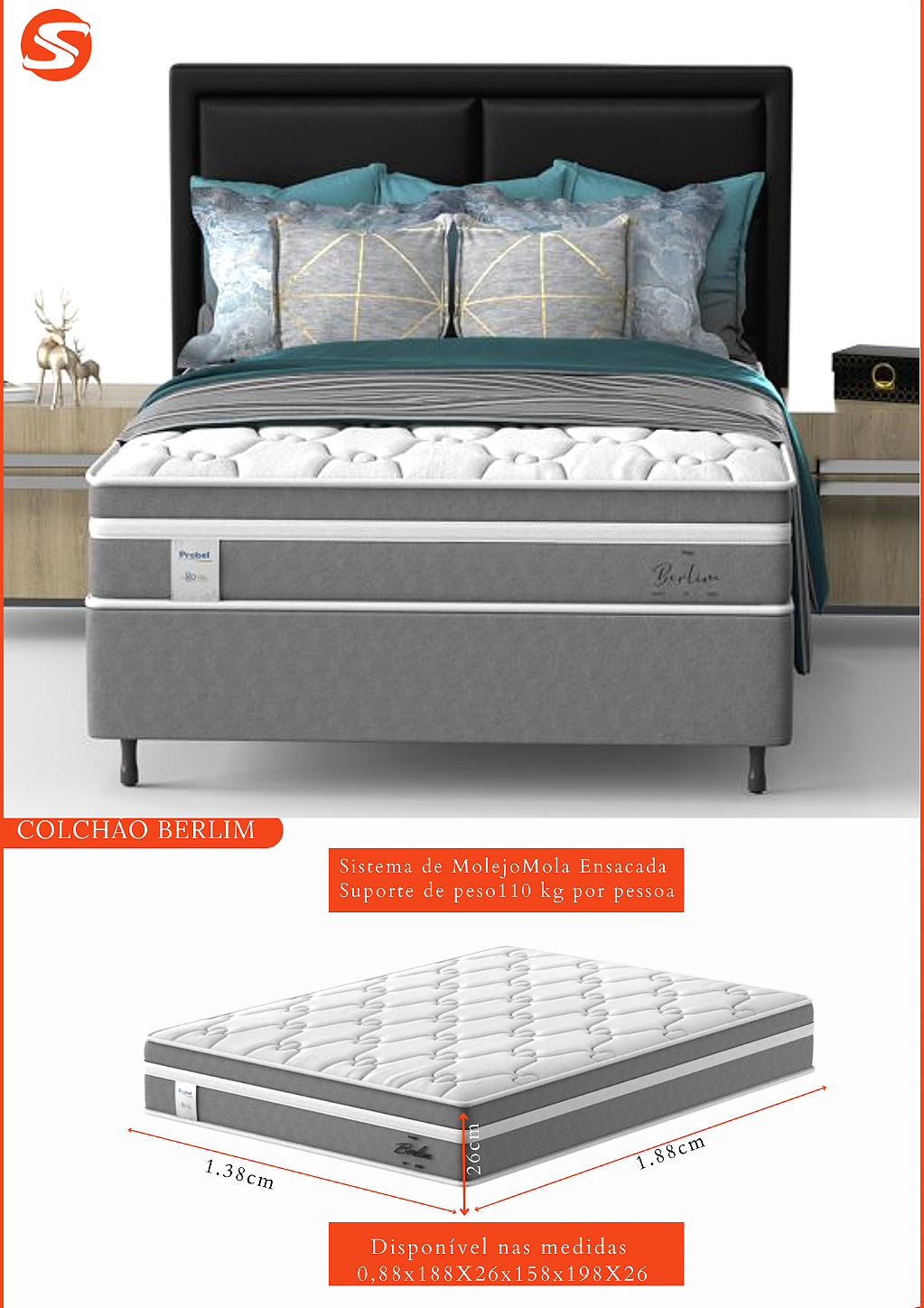 COLHÃO BERLIM EP 26cm X 1,98m X 1,58m CE3-PROBEL - SMART DISTRIBUIDORA