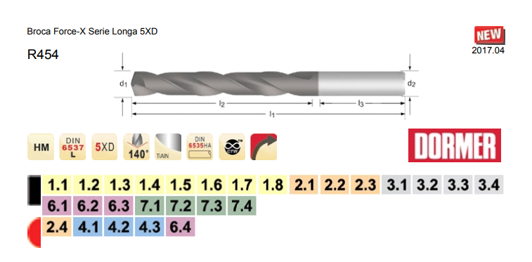 BROCA METAL DURO R454 Ø06.8 FORCE-X 5XD SEM REFRIGERAÇÃO INTERNA DORME ...