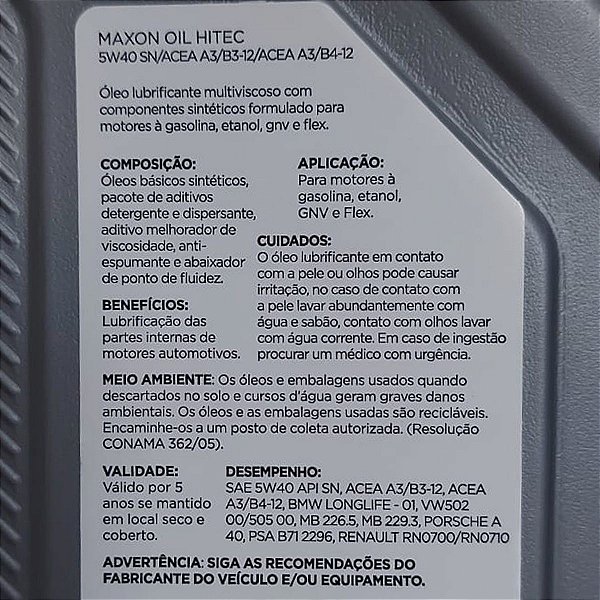 Óleo De Motor Maxon Oil Ultra 5W40 Api SN 100% Sintético Para Motores ...