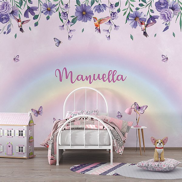 Papel de parede Jardim Encantado Lilás Arco-ìris com nome - Alô Papers