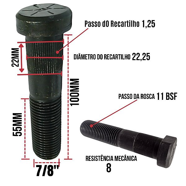 Parafuso Prisioneiro de Roda 7/8 11 BSF Para Carretas Guerra ...