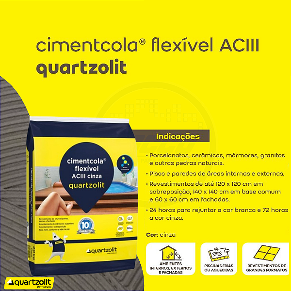 Argamassa Cimento Cola Quartzolit Flexível AC3 Cinza 20Kg - Tocco ...