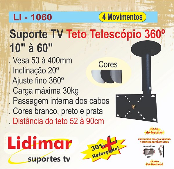 Suporte TV Teto / Balcão Telescópio 360° REFORÇADO 10 à 60 Polegadas ...