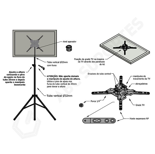Suporte TV Tripé Telescópio 360° 10 à 55 Polegadas - Avatron TV-180-B ...