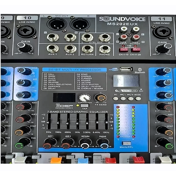 Mesa de Som Soundvoice Ms202 Eux 20 Canais USB Efeito Digital 7 Bandas ...