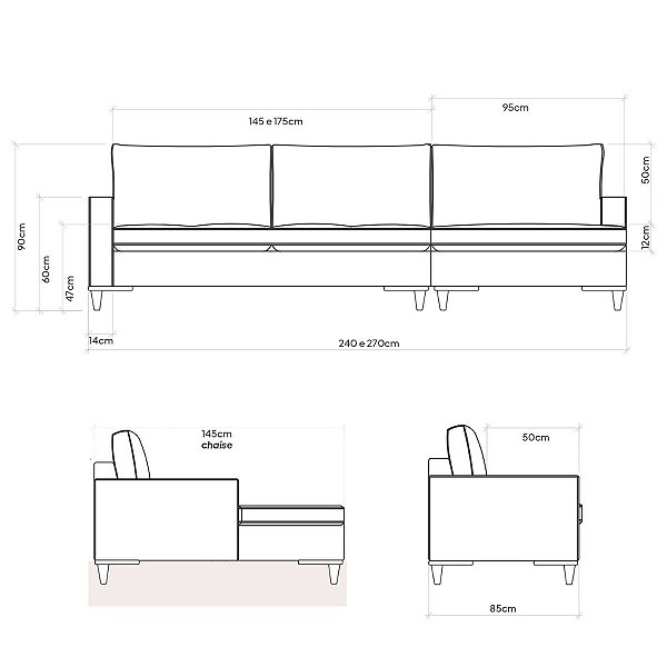 Sofá Living Fixo Viena com Chaise 2,40m em Veludo Bronze - Home Mobily Móveis