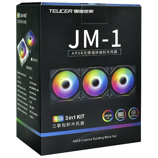 Cooler para Gabinete Teucer JM-1 Reverse 12X12 RGB 120MM RGB Kit com 3 Unidades Preto - JM-1 ...