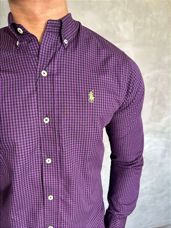 Camisa Social Microxadrez RL Manga Longa - Roxo com Preto Small Pony ...