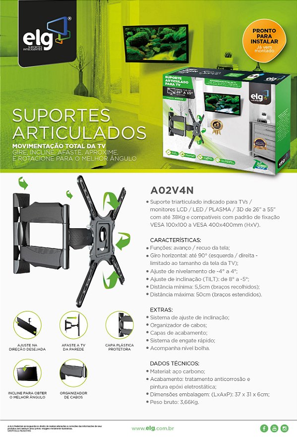 Suporte ELG Articulado de Parede para TV 26" a 55" | 2Plays - 2Plays ...