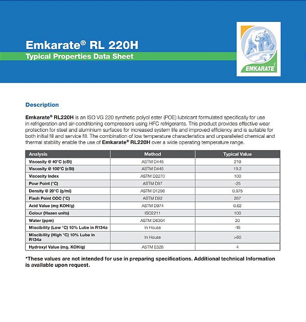 Óleo Emkarate RL 220H Lubrificante sintético Poliolester (POE ...