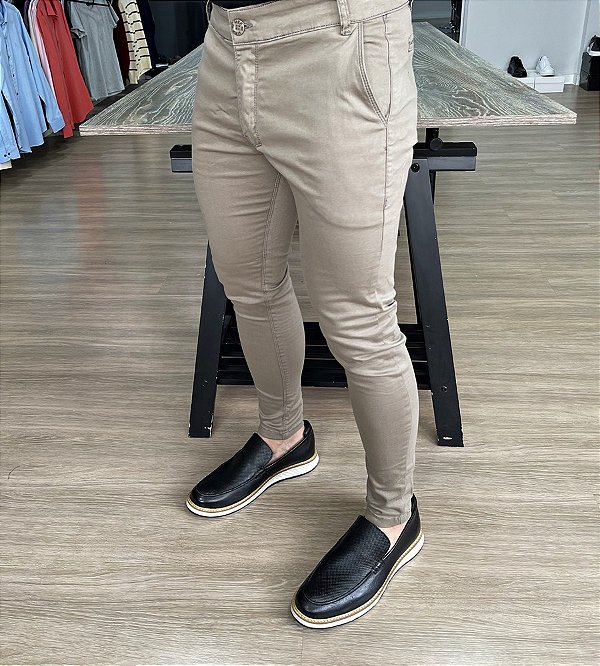 CalÇa Sarja Alfaiataria Super Skinny Caqui Claro Acetinado Moda Masculina
