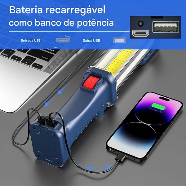 Lanterna de Mão e Trabalho 700 Lúmens Recarregável Luz COB Ultra ...