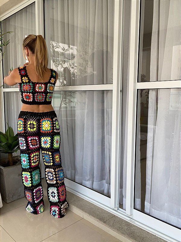 Top Em Crochê Preto Com Trabalho Color Tamanho único Madame Ninna