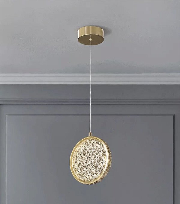 Lustre Pendente Disco Aquático Cristal Dourado LED 7W 3000K Bivolt ...
