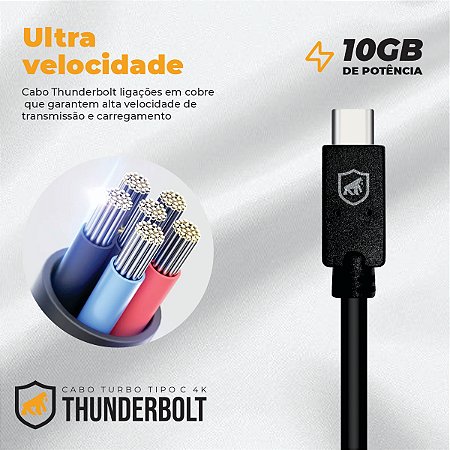 Cabo ThunderBolt 65W Áudio e Vídeo 4K 60Hz 3.1 USB-C / Tipo C - 1,8M - Atacado Gorila Shield ...