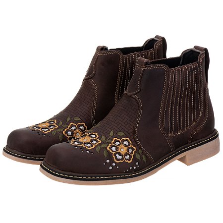 Botina Feminina bico redondo em Couro Fóssil Brown Detalhe Lazer ...