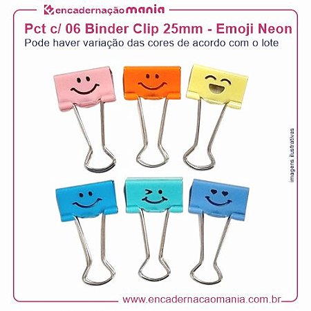 Pct c/ 06 Binder Clip 25mm - Emoji Neon - Encadernação Mania - Loja de ...