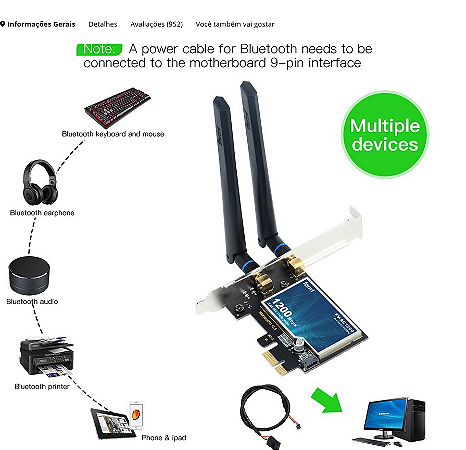 Placa wifi 5g com Bluetooth 4.0 Pcie Dual Band duas antenas para PC e ...