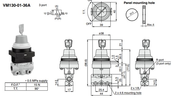 VM130-01-36A VALVULA MECANICA 3/2 VIAS ROSCA 1/8 NF BOTAO COM CHAVE TR ...