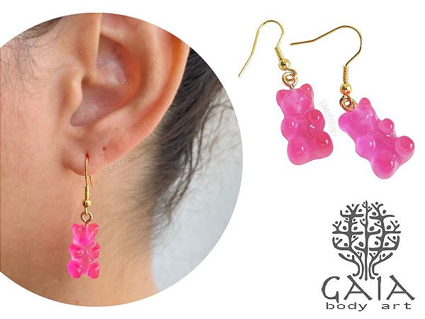 Brincos de Aço Cirúrgico Dourado Ursinho Gummy Pink - Gaia Body Art ...