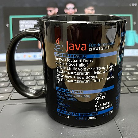 Caneca Java Fundamentals Commands Cheat Sheet preta - Caneca do Dev - Canecas e produtos de ...