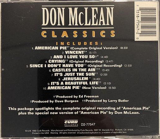 CD - Don McLean ‎– Classics - IMP ( sem contracapa ) - Colecionadores ...