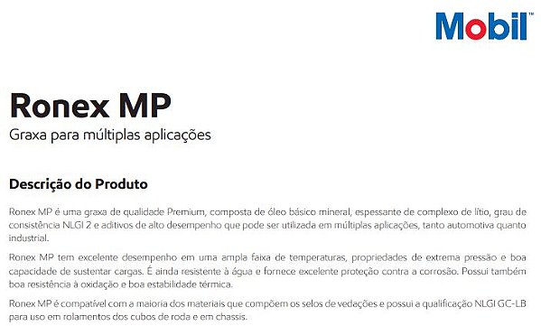 Graxa Mobil RONEX MP 20 kg (Complexo de lítio NLGI 2 - Aprovação Ford ...