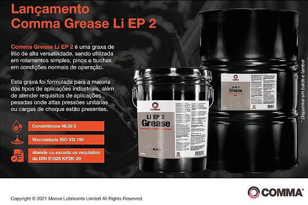 Graxa de Lítio COMMA Grease LI EP 2 NLGI2 20Kg Compatível Mobilux EP2 ...