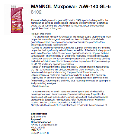 Óleo para Engrenagens MANNOL 8102 MAXPOWER 4X4 75W140 LS GL-5 - Fast ...